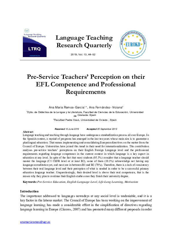 (PDF) Pre-service teachers' perception on their EFL competence and professional requirements