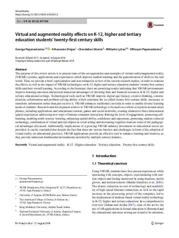 (PDF) Virtual and augmented reality effects on K-12, higher and tertiary education students ...