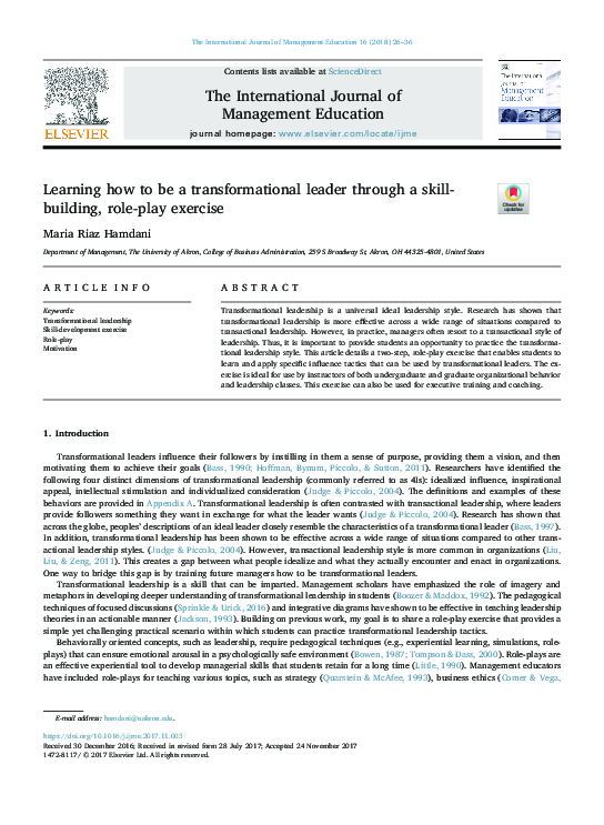 (PDF) Learning how to be a transformational leader through a skill-building, role-play exercise