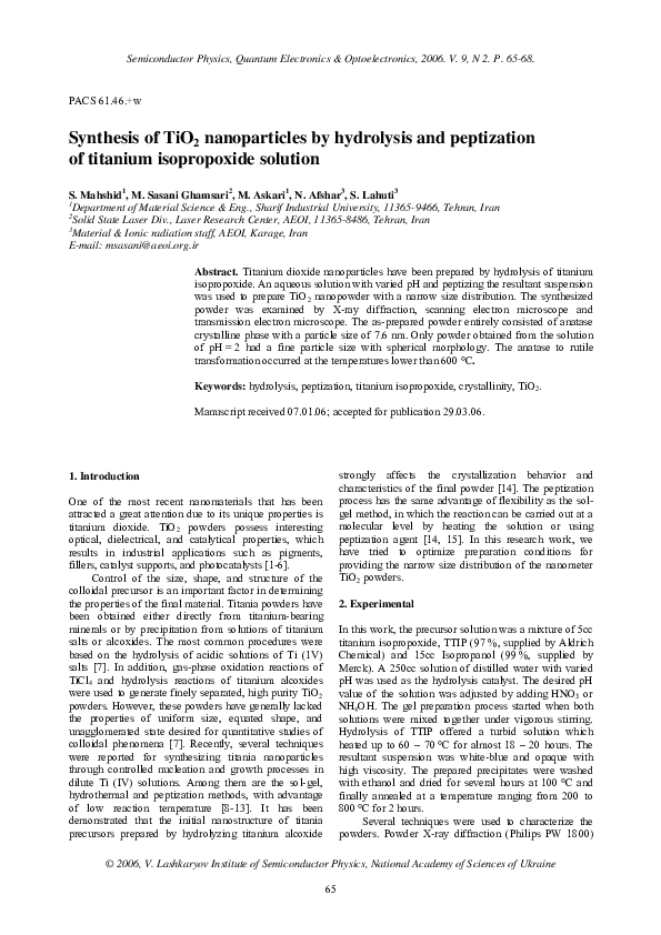 (PDF) Synthesis of TiO2 nanoparticles by hydrolysis and peptization of ...