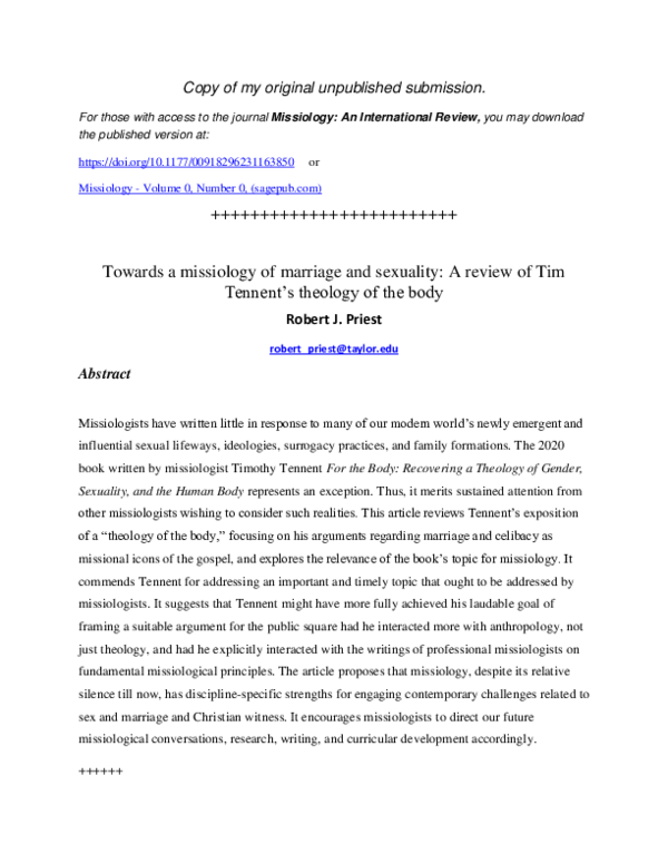 (PDF) Towards a missiology of marriage and sexuality: A review of Tim ...