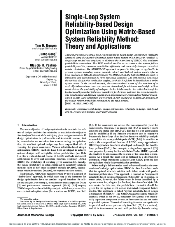 Pdf Single Loop System Reliability Based Design Optimization Using