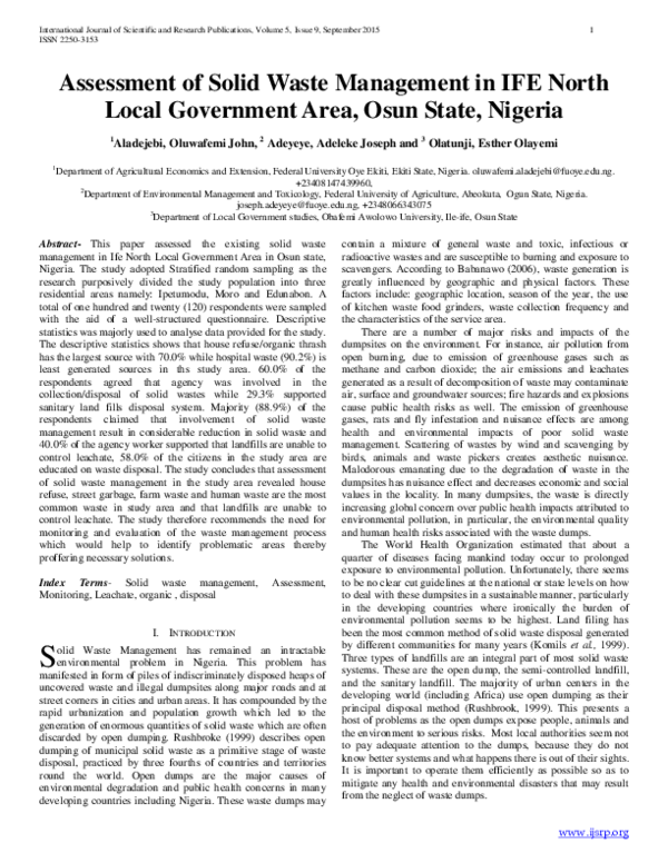 (PDF) Assessment of Solid Waste Management in IFE North Local ...