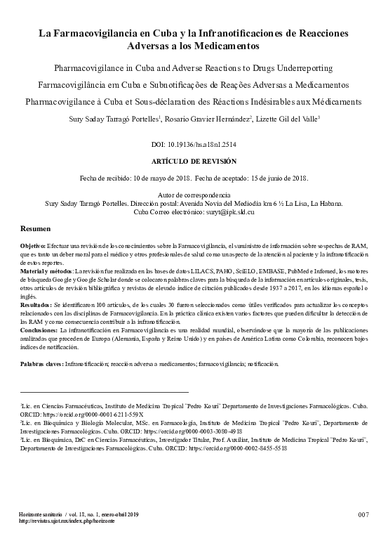 (PDF) La Farmacovigilancia en Cuba y la Infranotificaciones de ...