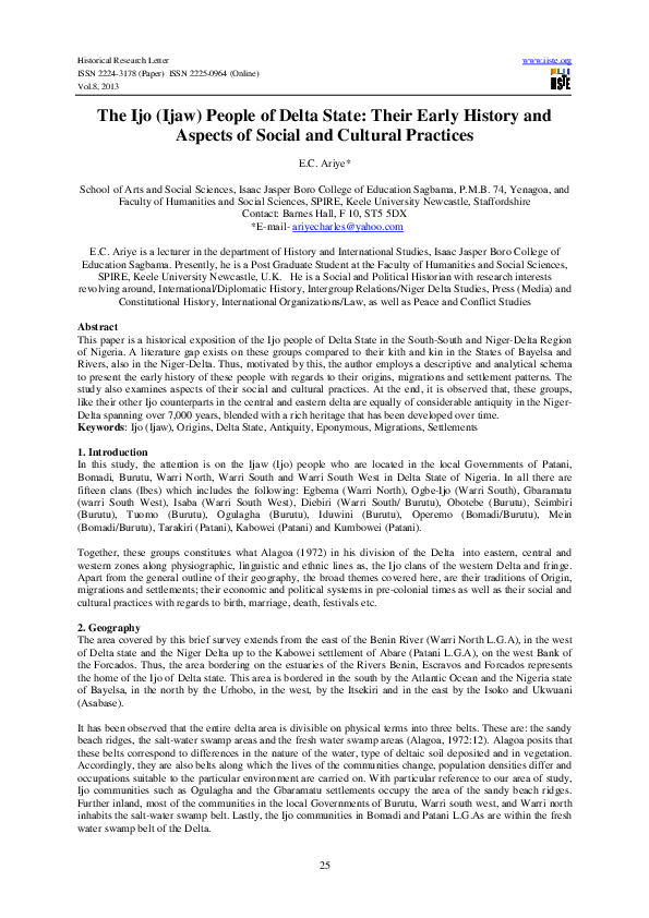 (PDF) The Ijo (Ijaw) People of Delta State: Their Early History and ...
