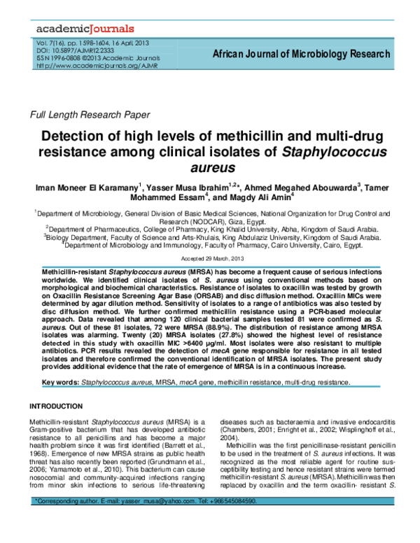 (PDF) Detection of high levels of methicillin and multi-drug resistance ...