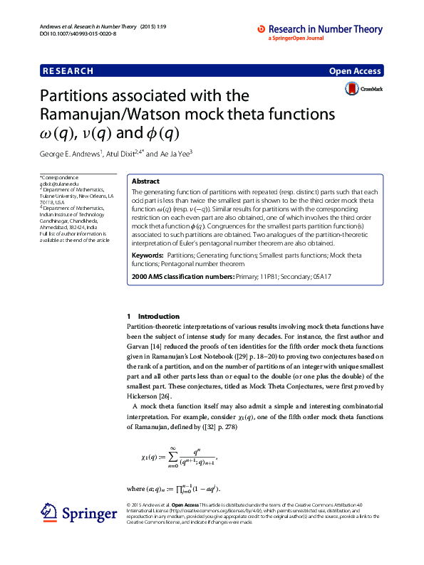 (PDF) Partitions associated with the Ramanujan/Watson mock theta functions ω(q), ν(q)and ϕ(q)