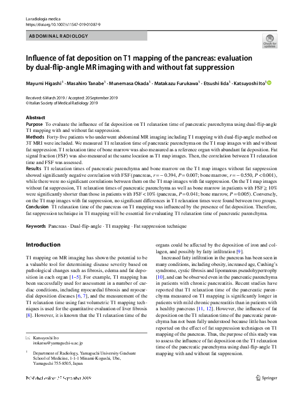 (PDF) Influence of fat deposition on T1 mapping of the pancreas ...