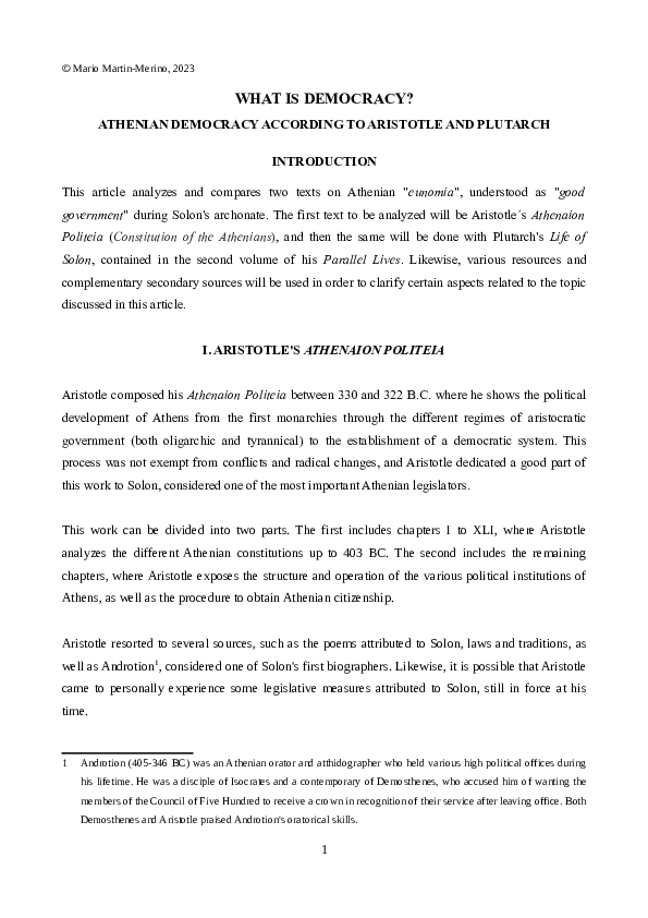 (PDF) What is democracy? Athenian democracy according Aristotle and ...