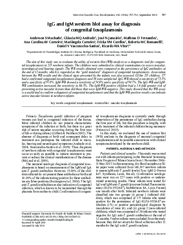 (PDF) IgG and IgM western blot assay for diagnosis of congenital toxoplasmosis | Matheus ...