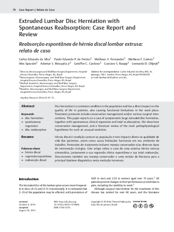 (PDF) Extruded Lumbar Disc Herniation with Spontaneous Reabsorption ...