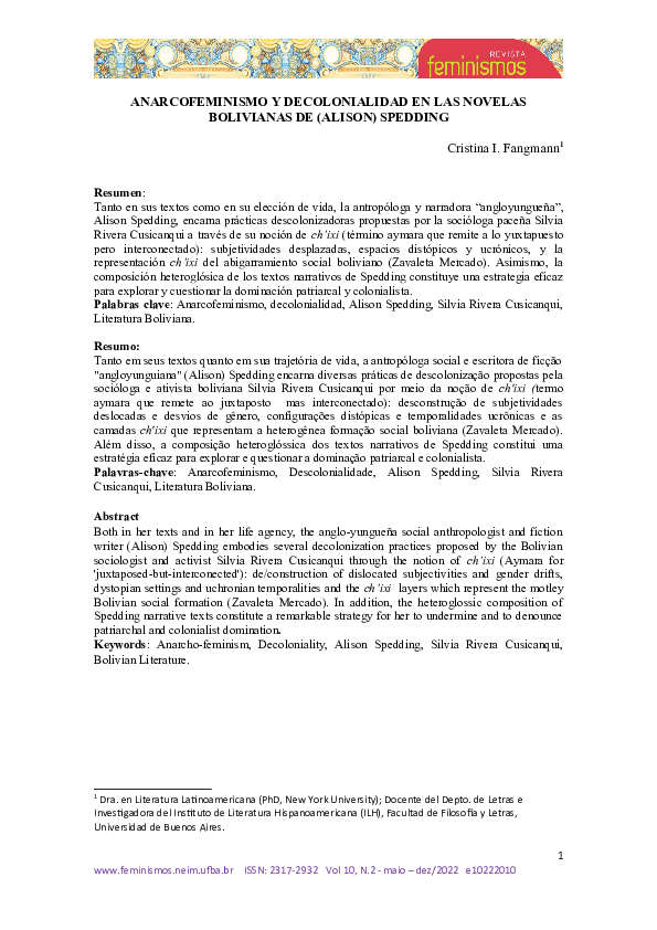 (DOC) ANARCOFEMINISMO Y DECOLONIALIDAD EN LAS NOVELAS BOLIVIANAS DE ...