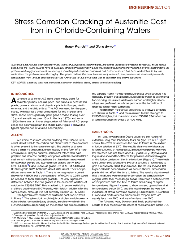 (PDF) Stress Corrosion Cracking of Austenitic Cast Iron in Chloride-Containing Waters