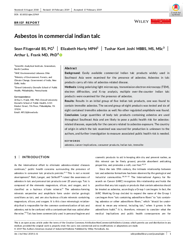 (PDF) Asbestos in commercial indian talc | Elizabeth Harty - Academia.edu