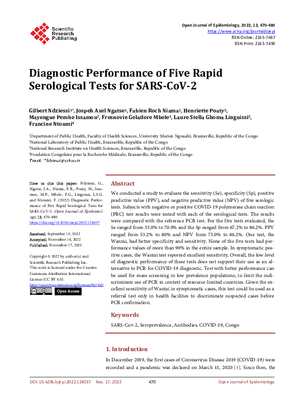 (PDF) Diagnostic Performance of Five Rapid Serological Tests for SARS-CoV-2
