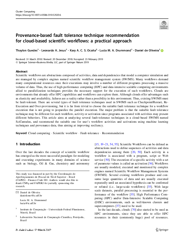 (PDF) Provenance-based fault tolerance technique recommendation for cloud-based scientific ...
