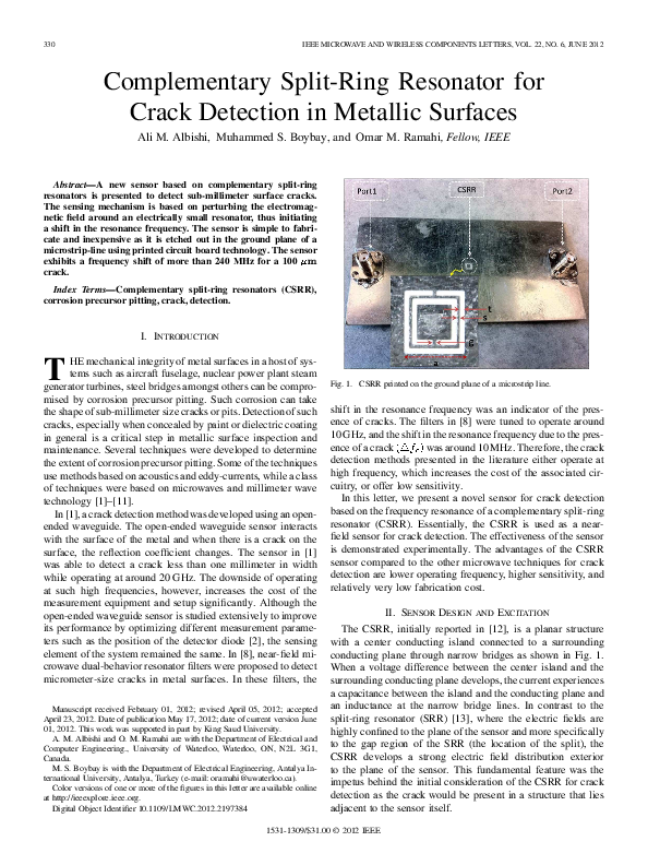 (PDF) Complementary Split-Ring Resonator for Crack Detection in Metallic Surfaces
