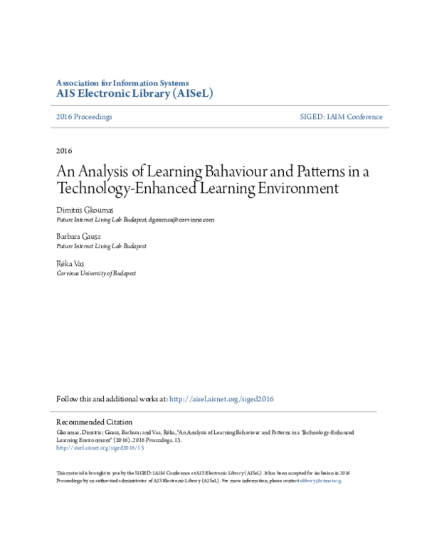 (PDF) An Analysis of Learning Bahaviour and Patterns in a Technology-Enhanced Learning Environment