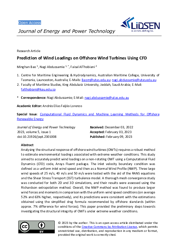 (PDF) Prediction of Wind Loadings on Offshore Wind Turbines Using CFD