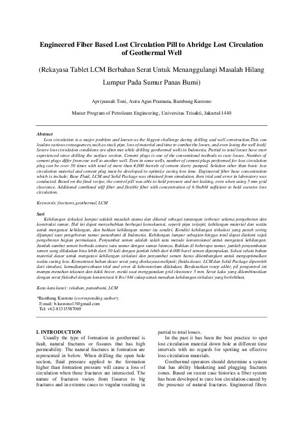 (PDF) Engineered Fiber Based Lost Circulation Pill to Abridge Lost Circulation of Geothermal Well