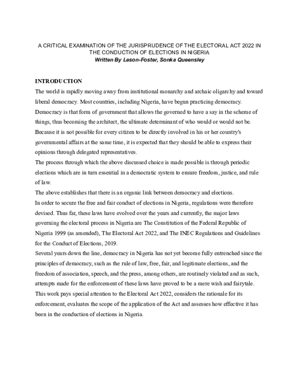 (PDF) A CRITICAL EXAMINATION OF THE JURISPRUDENCE OF THE ELECTORAL ACT ...