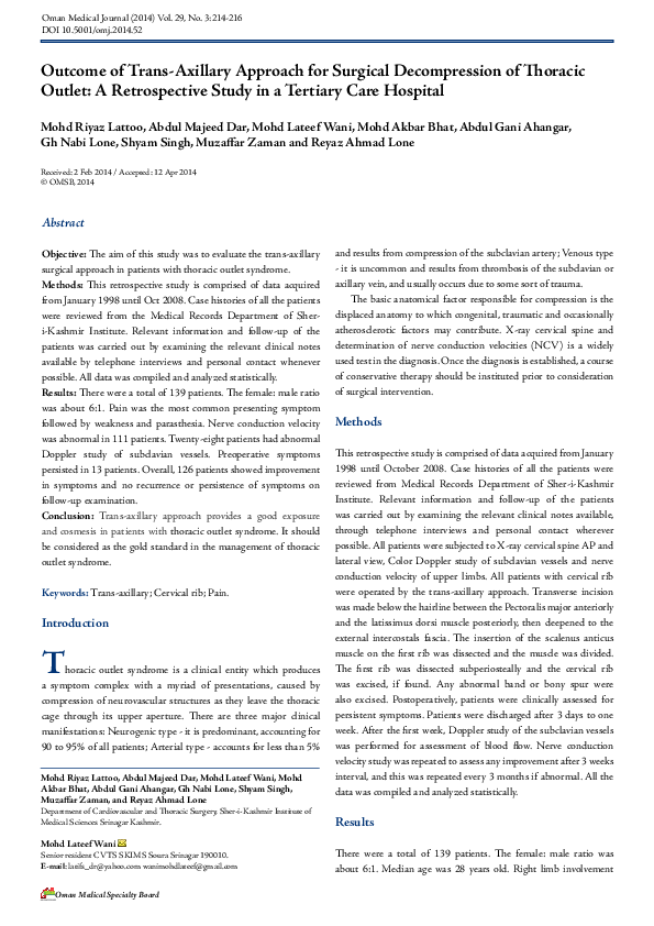 (PDF) Outcome of Trans-Axillary Approach for Surgical Decompression of ...