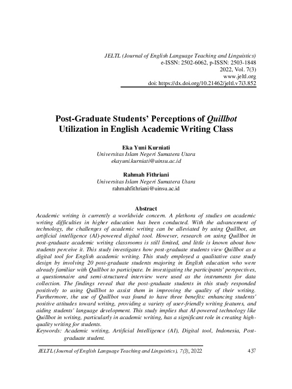 (PDF) Post-Graduate Students’ Perceptions of Quillbot Utilization in ...