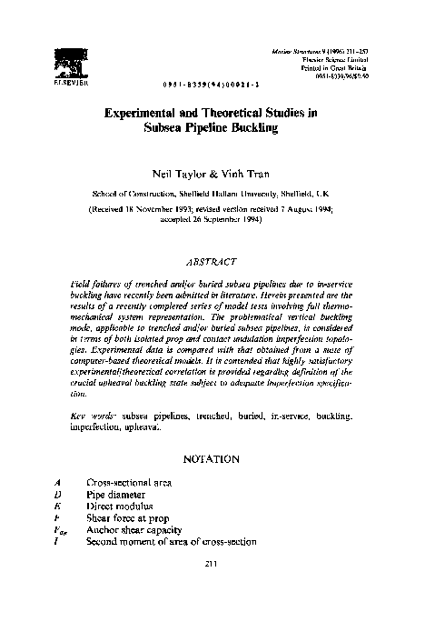 Pdf Subsea Pipeline Buckling Experimental And Theoretical Insights