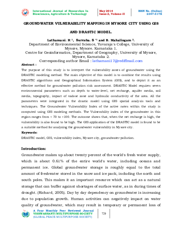 Pdf Groundwater Vulnerability Mapping In Mysore City Using Gis And Drastic Model