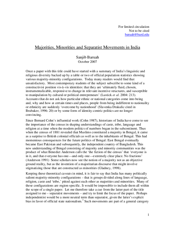 (PDF) Majorities , Minorities and Separatist Movements in India