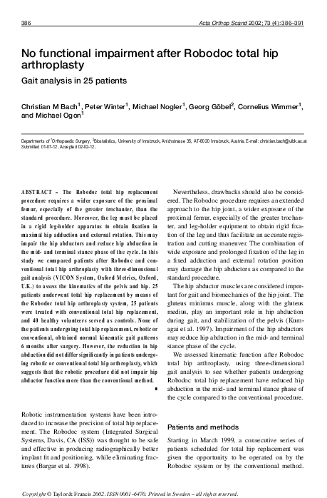 (PDF) No functional impairment after Robodoc total hip arthroplasty