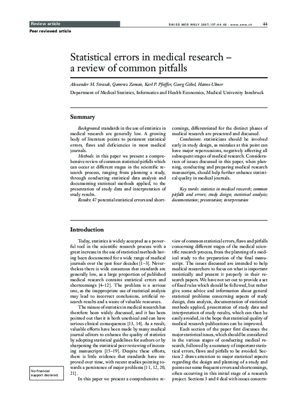 (PDF) Peer reviewed article Statistical errors in medical research – a review of common pitfalls