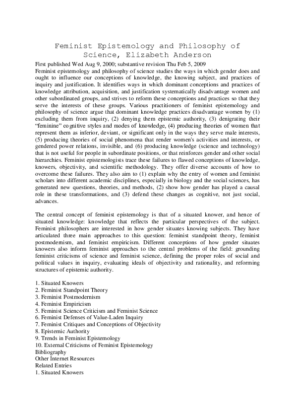 (PDF) Feminist Epistemology and Philosophy of Science, Elizabeth Anderson