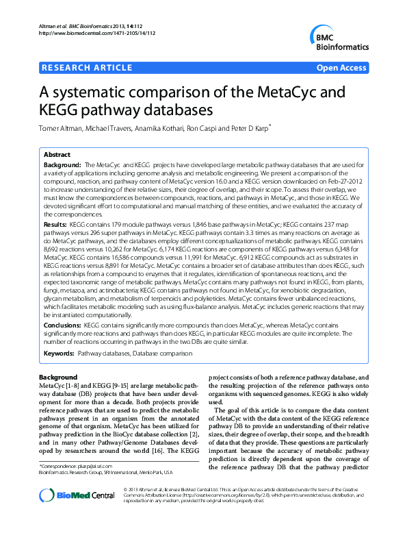 Pdf A Systematic Comparison Of The Metacyc And Kegg Pathway Databases