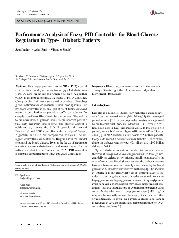 (PDF) Performance Analysis of Fuzzy-PID Controller for Blood Glucose Regulation in Type-1 ...