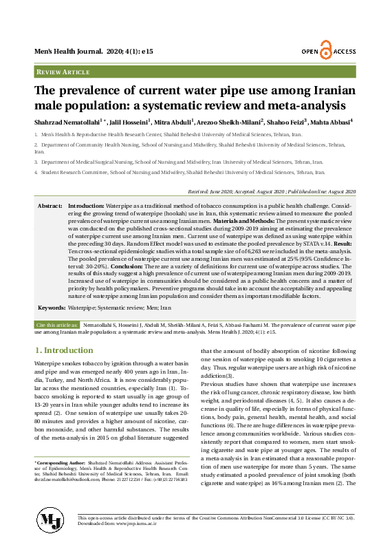 (PDF) The prevalence of current water pipe use among Iranian male ...