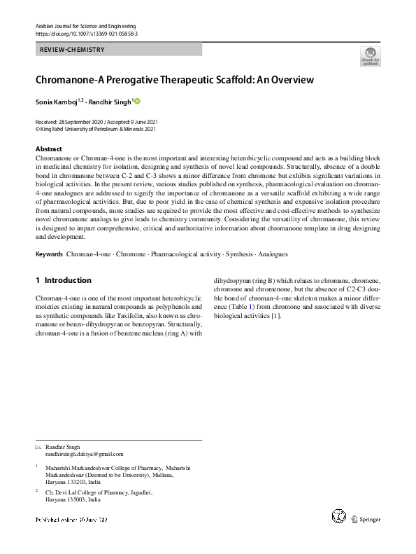 (PDF) Chromanone-A Prerogative Therapeutic Scaffold: An Overview