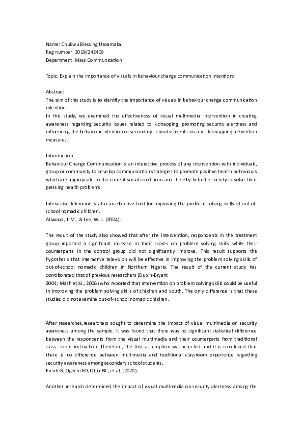 (DOC) Name: Chukwu Blessing Uzoamaka Reg number: 2019/242408 Department ...