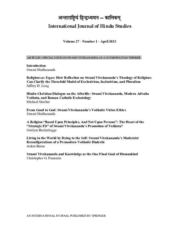 (PDF) Introduction: Special Issue on Swami Vivekananda as a ...