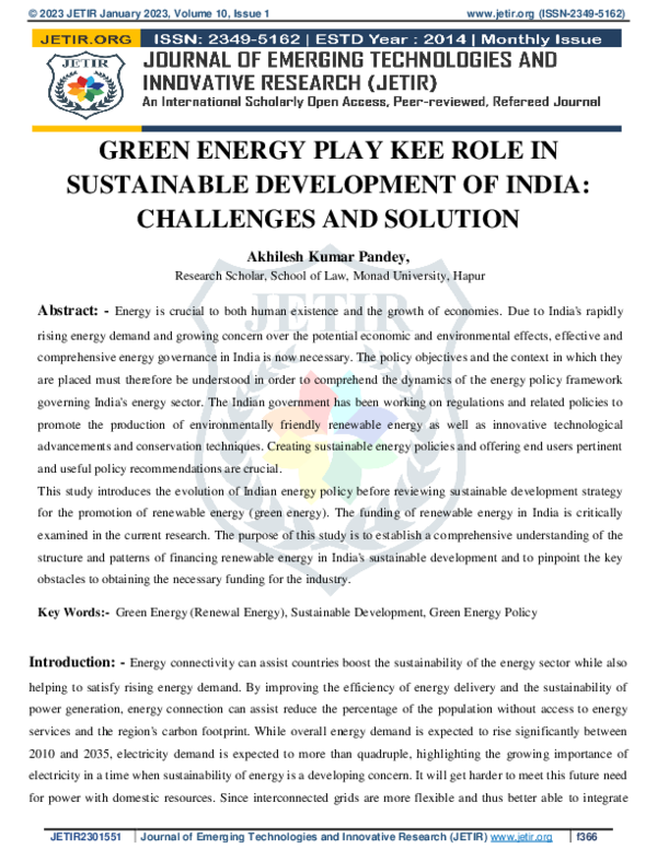 (PDF) GREEN ENERGY PLAY KEE ROLE IN SUSTAINABLE DEVELOPMENT OF INDIA ...