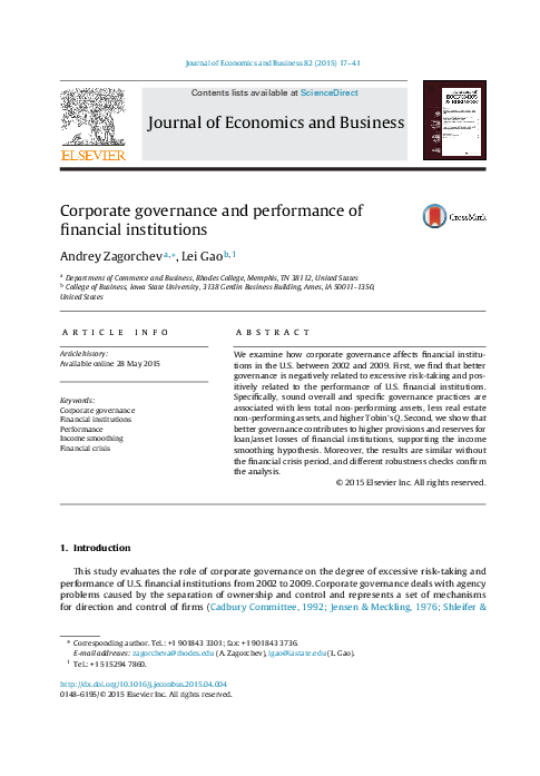 (PDF) Corporate governance and performance of financial institutions