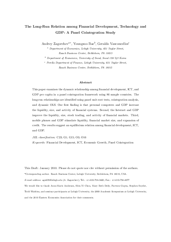 (PDF) The long-run relation among financial development, technology and ...