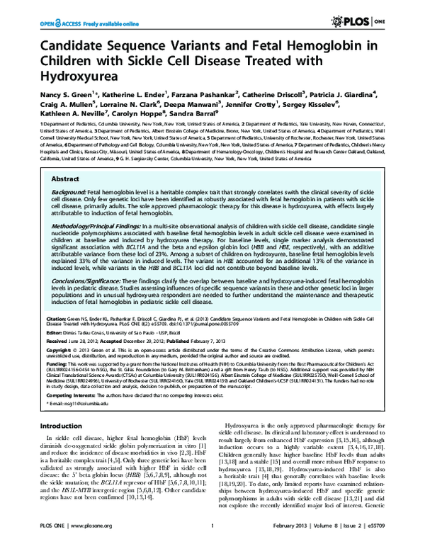 (PDF) Candidate Sequence Variants and Fetal Hemoglobin in Children with ...