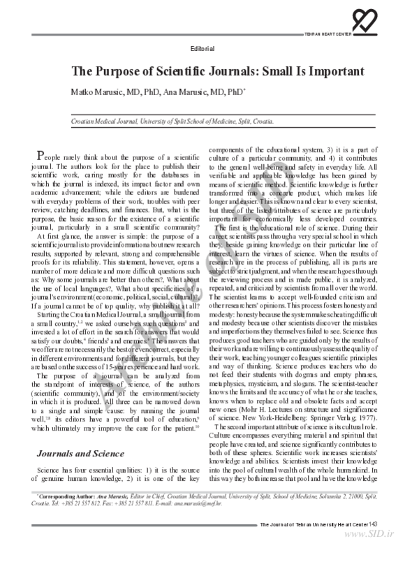 (PDF) The purpose of Scientific journals: Small is important