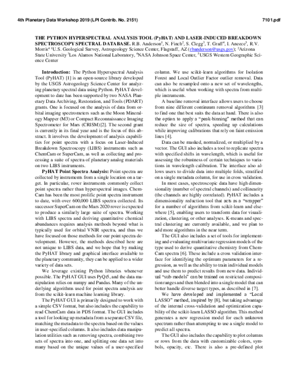 (PDF) The Python Hyperspectral Analysis Tool (PyHAT) and Laser-Induced ...