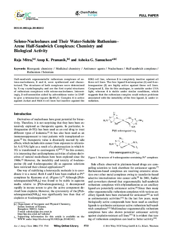 (PDF) Seleno-Nucleobases and Their Water-Soluble Ruthenium–Arene Half-Sandwich Complexes ...