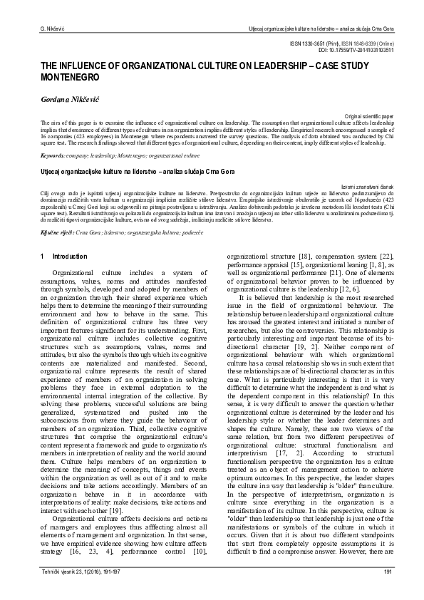 (PDF) The influence of organizational culture on leadership – case ...