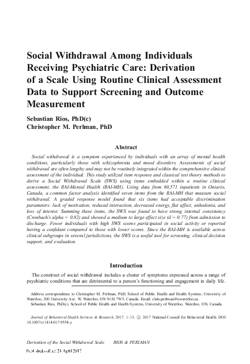 (PDF) Social Withdrawal Among Individuals Receiving Psychiatric Care ...