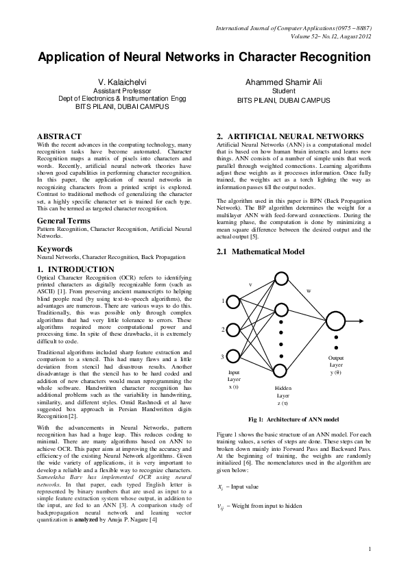 Pdf Application Of Neural Networks In Character Recognition