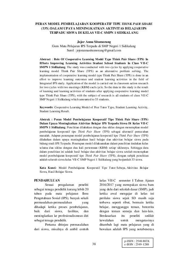 (PDF) Peran Model Pembelajaran Kooperatif Tipe Think Pair Share (TPS) Dalam Upaya Meningkatkan ...